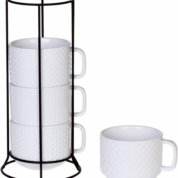 Other | Porcelain Stackable Coffee Mugs Set Of 4 With Metal Stand 13 ...